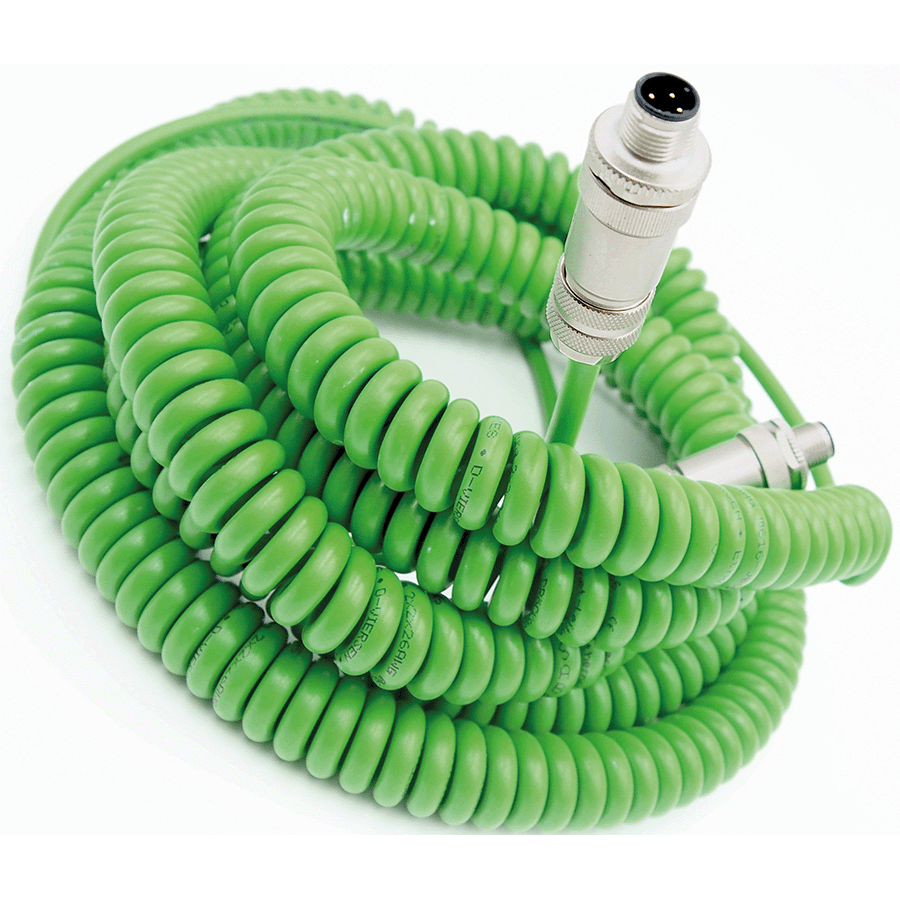 Helix cable with axial outlets and M12 D-coded male connectors